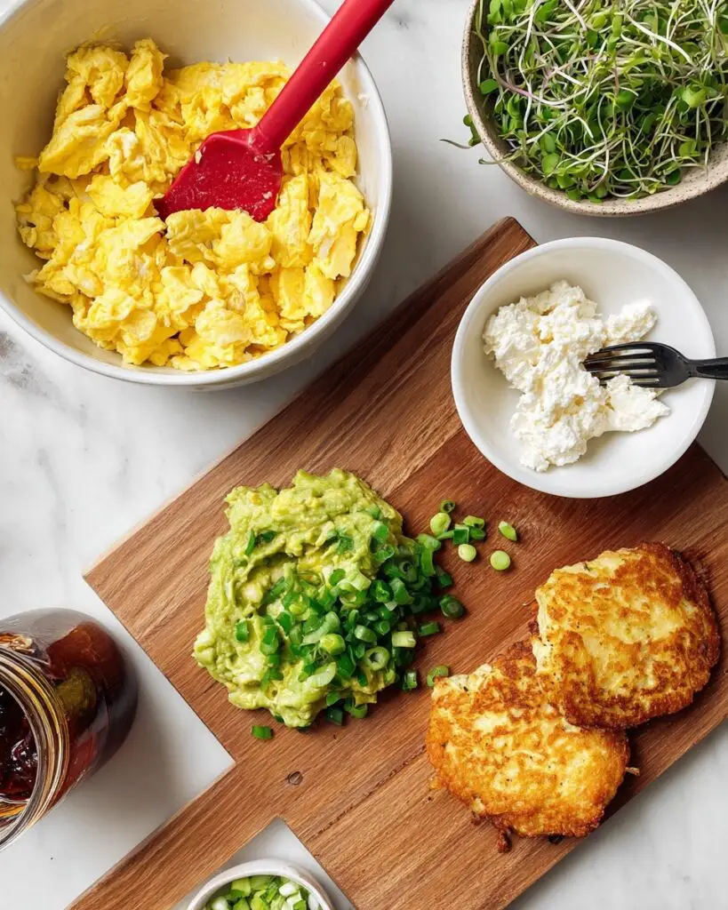 Hashbrown Avocado Toast with Scrambled Eggs & Spicy Toppings