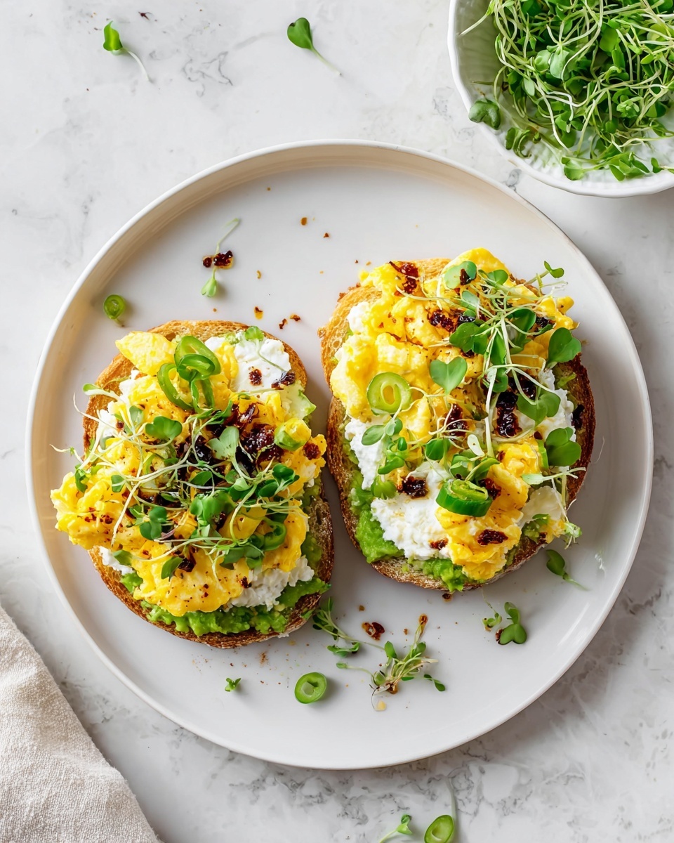 Hashbrown Avocado Toast with Scrambled Eggs & Spicy Toppings