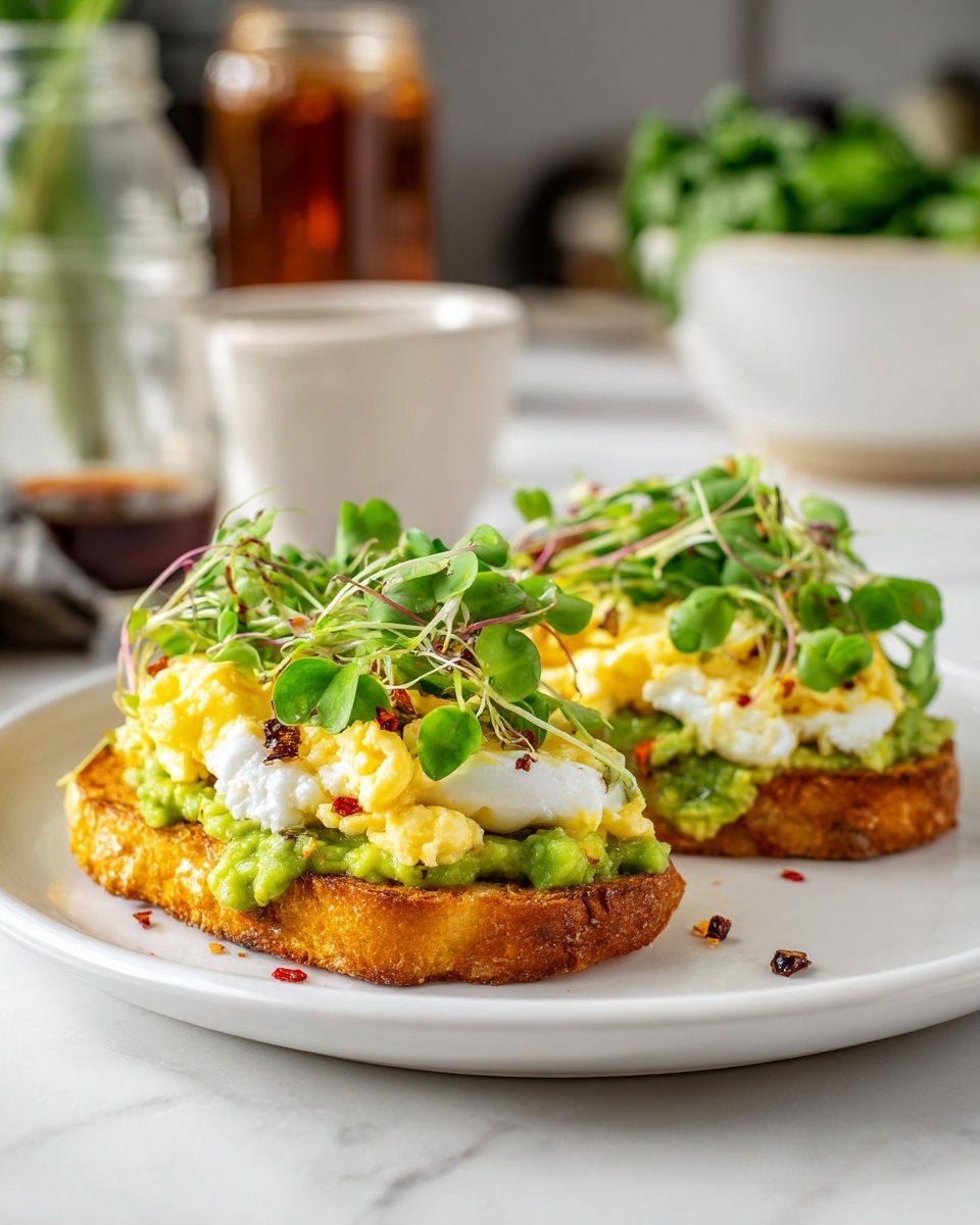 Hashbrown Avocado Toast with Scrambled Eggs & Spicy Toppings